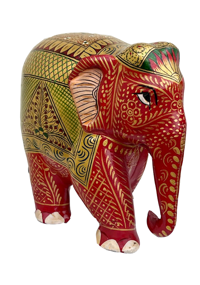Beautifully Hand Painted Wooden Small Red Elephant